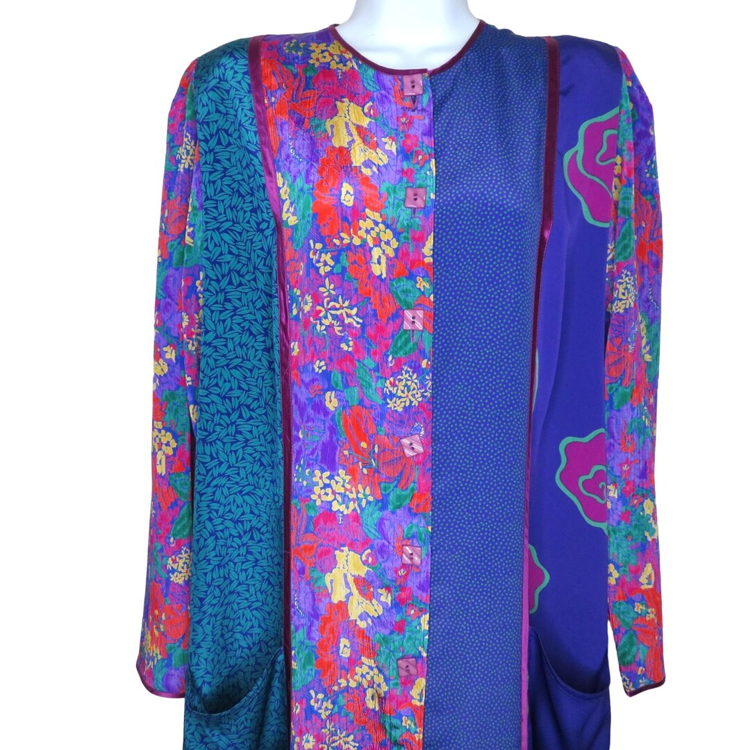 Vintage 80s Maggie Shepherd Patchwork Shirt Dress L Buttons Pockets Art ...