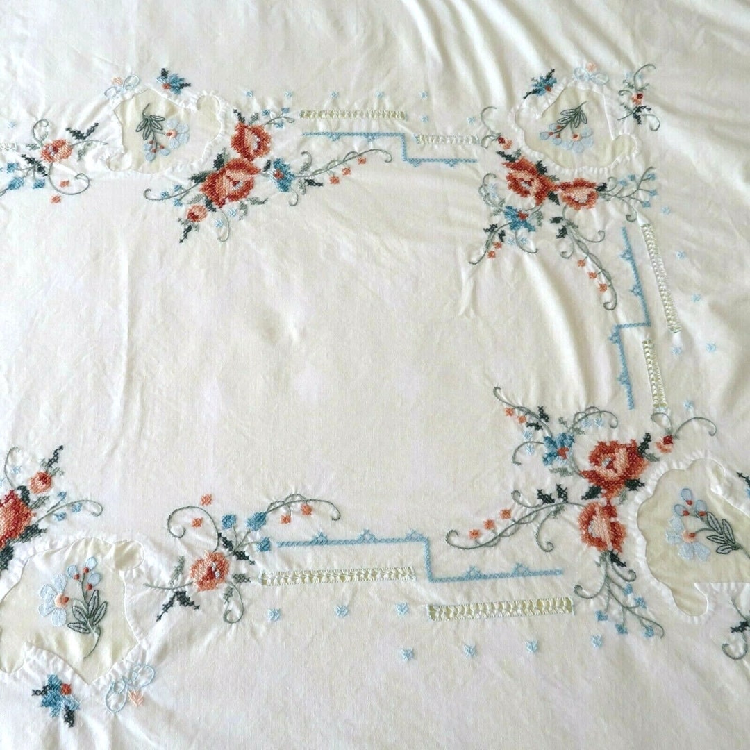 Vintage White Battenburg Lace Tablecloth Floral Embroidery Large 62" X ...