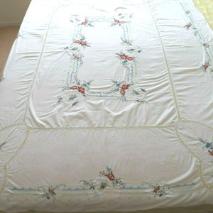 Vintage White Battenburg Lace Tablecloth Floral Embroidery Large 62" X ...