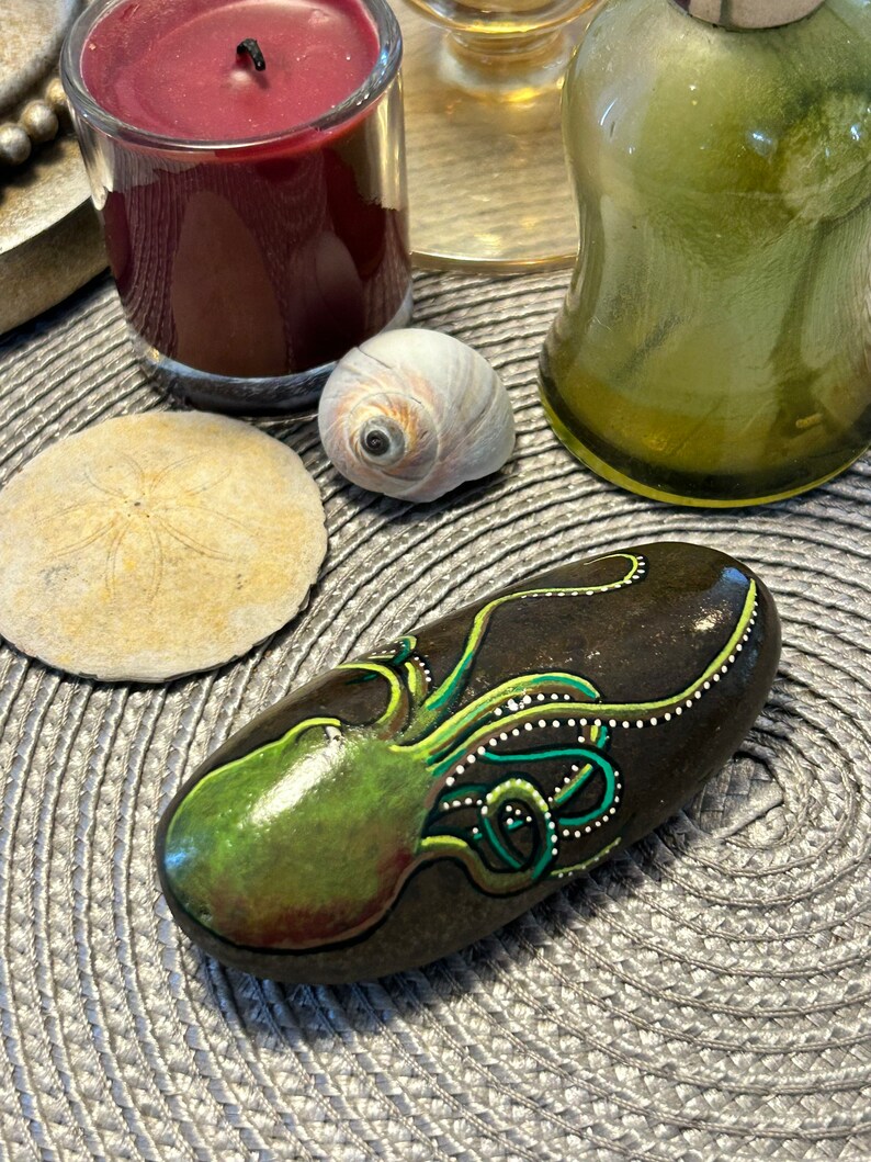 Hand Painted Octopus Rock: Green Animal Stone Decor - Etsy