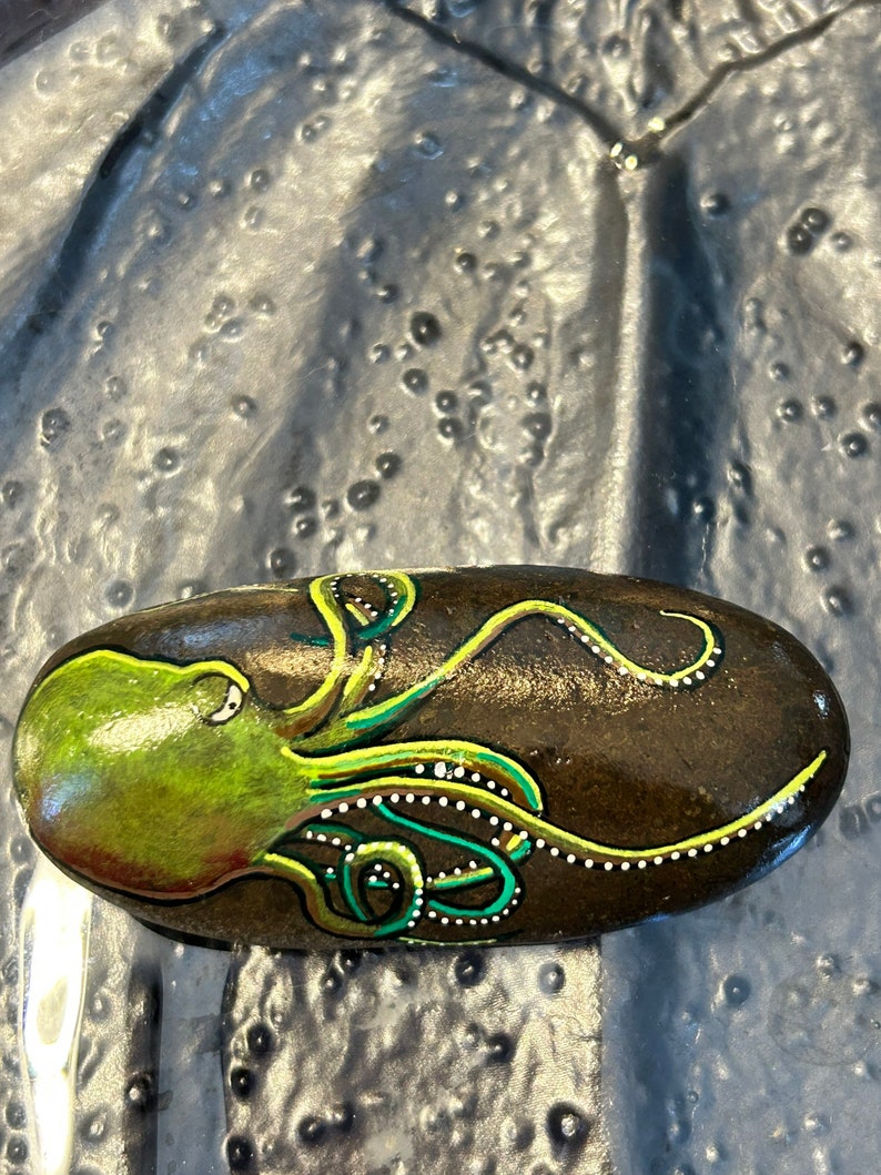 Hand Painted Octopus Rock: Green Animal Stone Decor - Etsy