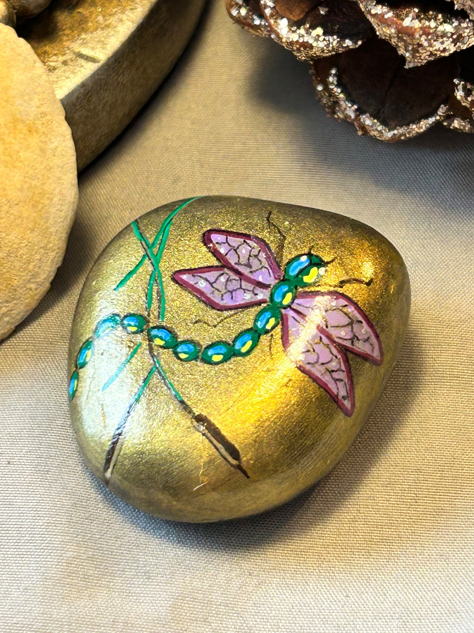 Painted Dragonfly Rock, Purple Green Dragonfly, Painted Stone, Painted ...