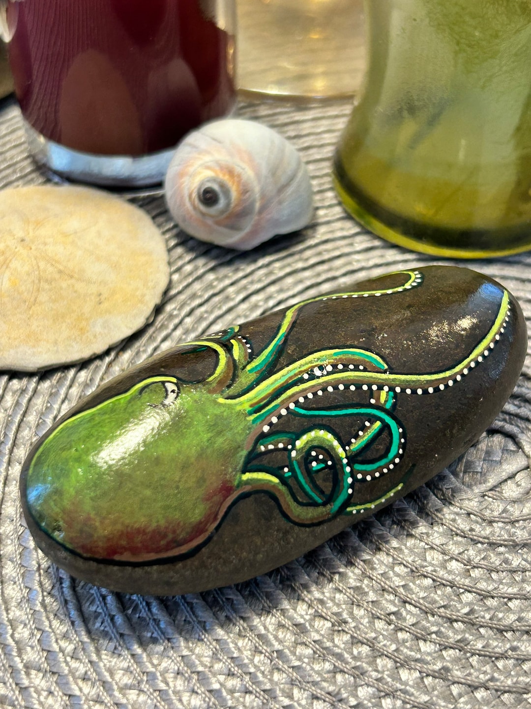 Hand Painted Octopus Rock: Green Animal Stone Decor - Etsy