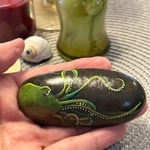 Hand Painted Octopus Rock: Green Animal Stone Decor - Etsy