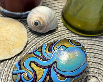 Hand Painted Octopus Rock: Green Animal Stone Decor - Etsy