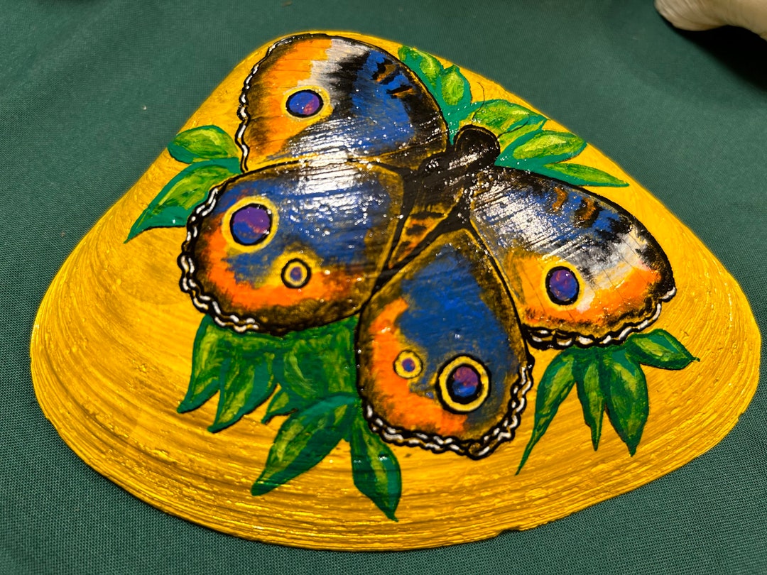 Hand-painted Peacock Pansy Butterfly Clam Shell - Maine Coastal Decor ...