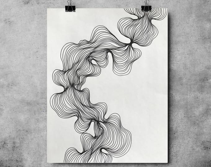 Abstract Line Art, Black and White Modern Drawing, Organic Line Shape ...