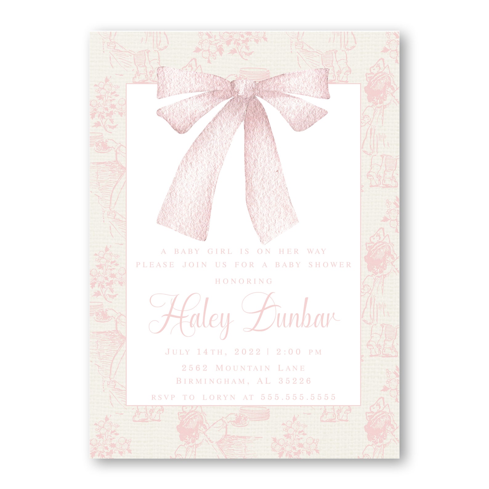 Printable Pink Toile Pink Bow Baby Shower Invitation Digital - Etsy