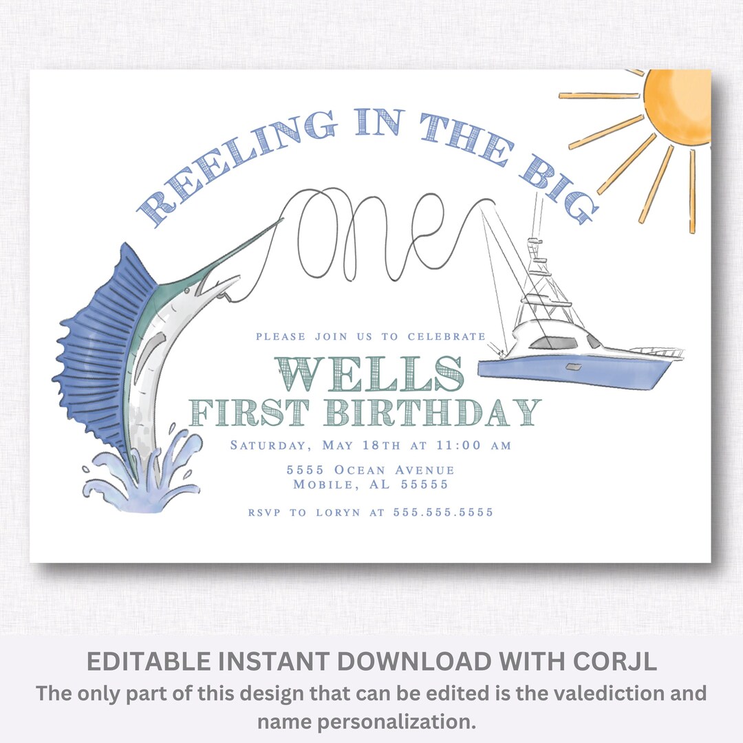 Printable Reeling in the Big ONE First Birthday Party Invitation ...