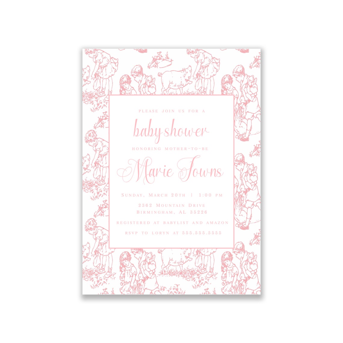 Vintage Toile Baby Shower Invitation, Girl Baby Shower Invitation, Pink ...
