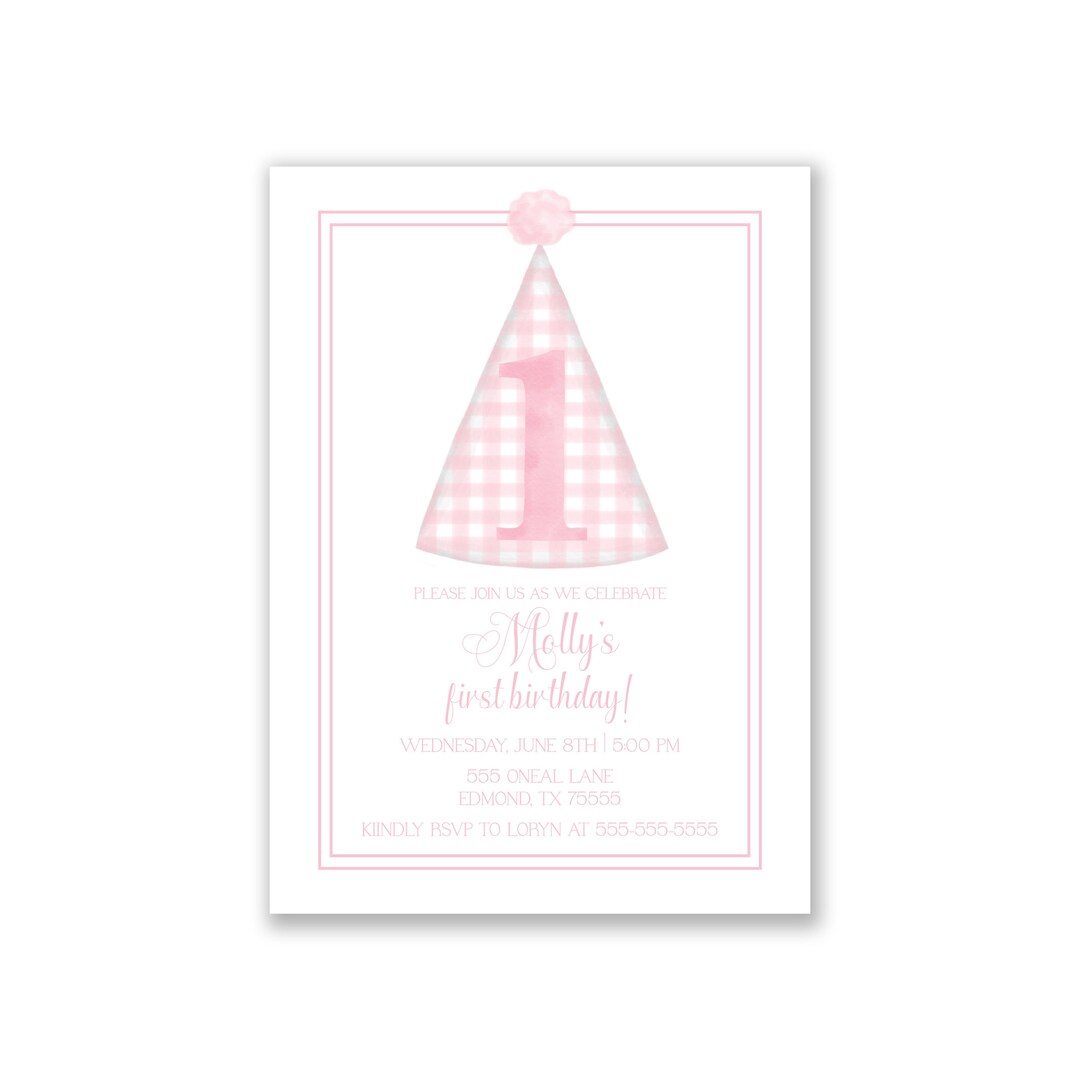 Pink Gingham Birthday Hat Invitation, Girl Birthday Invitation, Printed ...