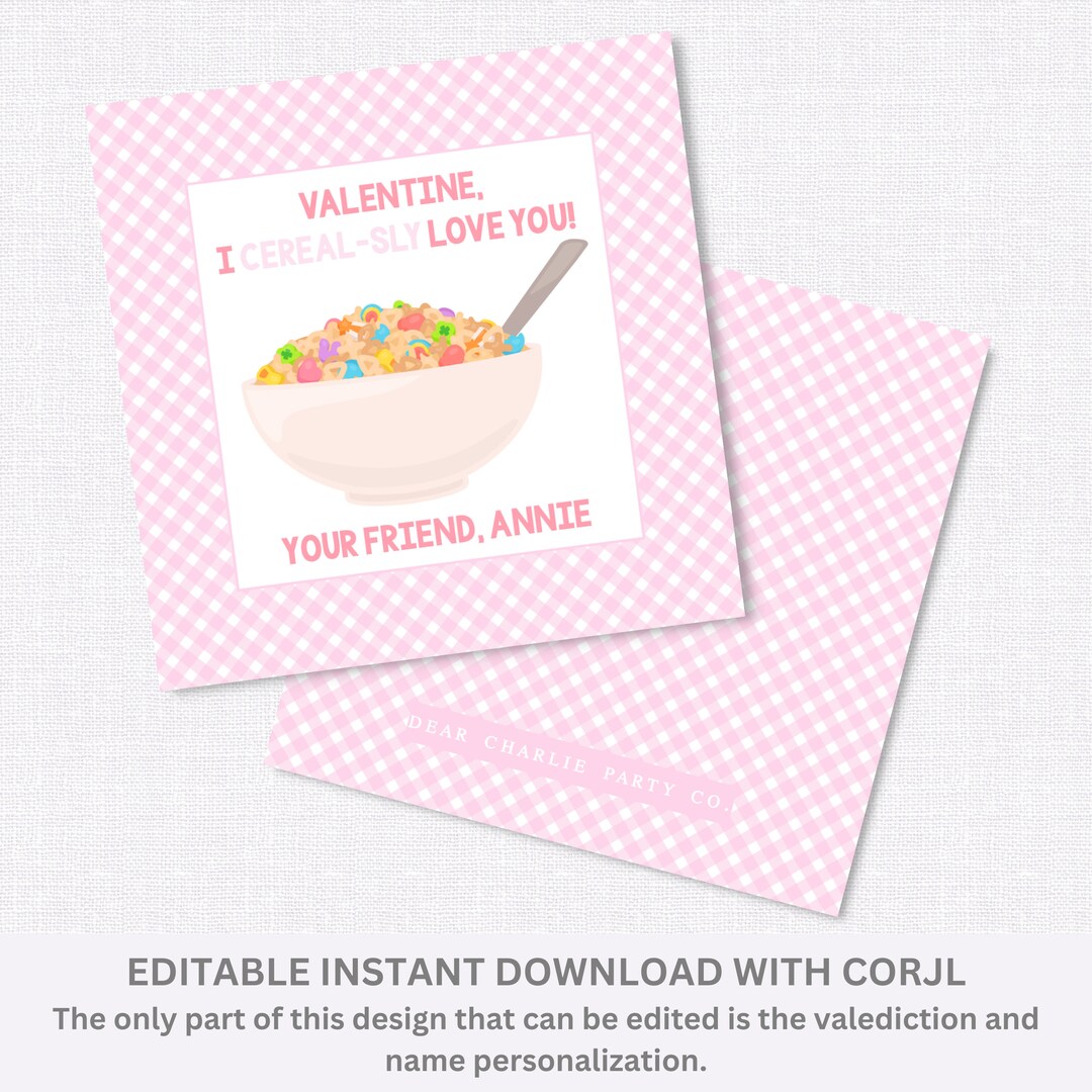 Printable Pink Cereal Valentines Cards, Kids Valentines, Digital ...