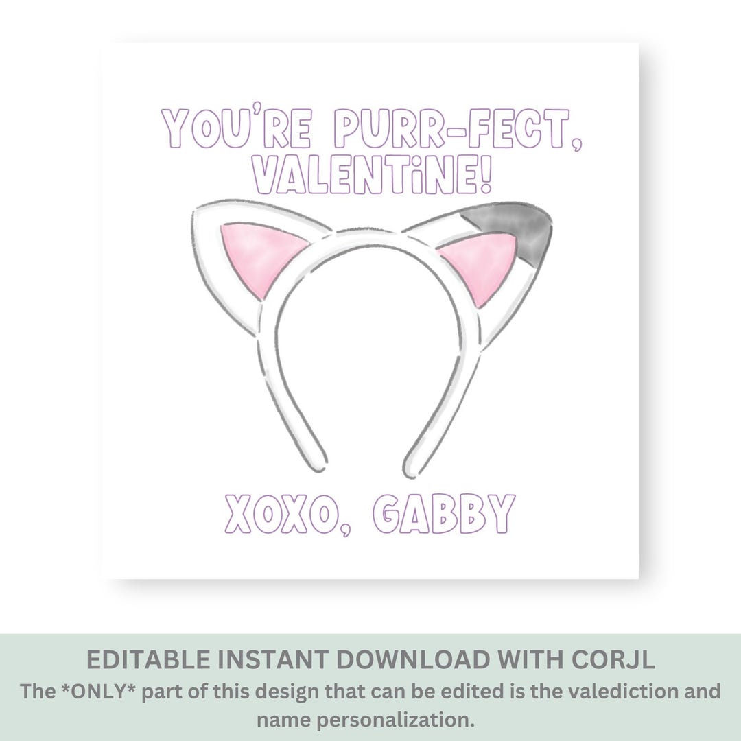 Printable Cat Headband Valentine Card, Cat Valentine Gift Sticker ...