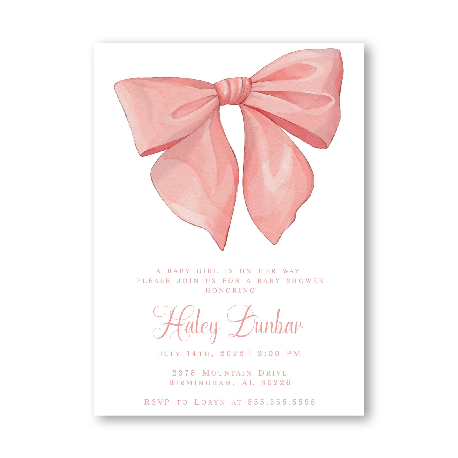 Printable Big Pink Bow Baby Shower Invitation Digital - Etsy