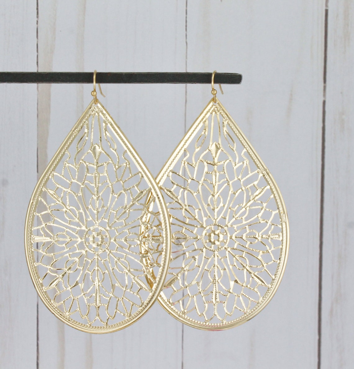 Large Teardrop Earrings Pale Gold Super Lightweight Filigree Cut Out ...