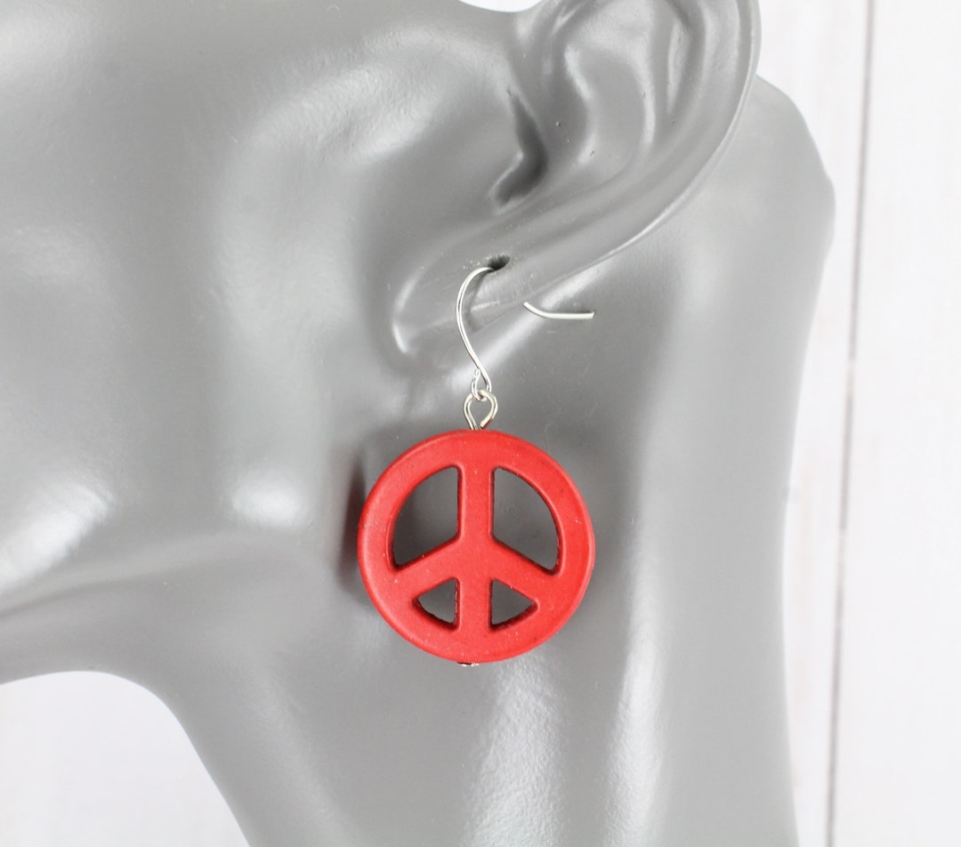 Red Peace Sign Dangle Earrings 1 5/8" Long Stone Pendant Flower Power ...