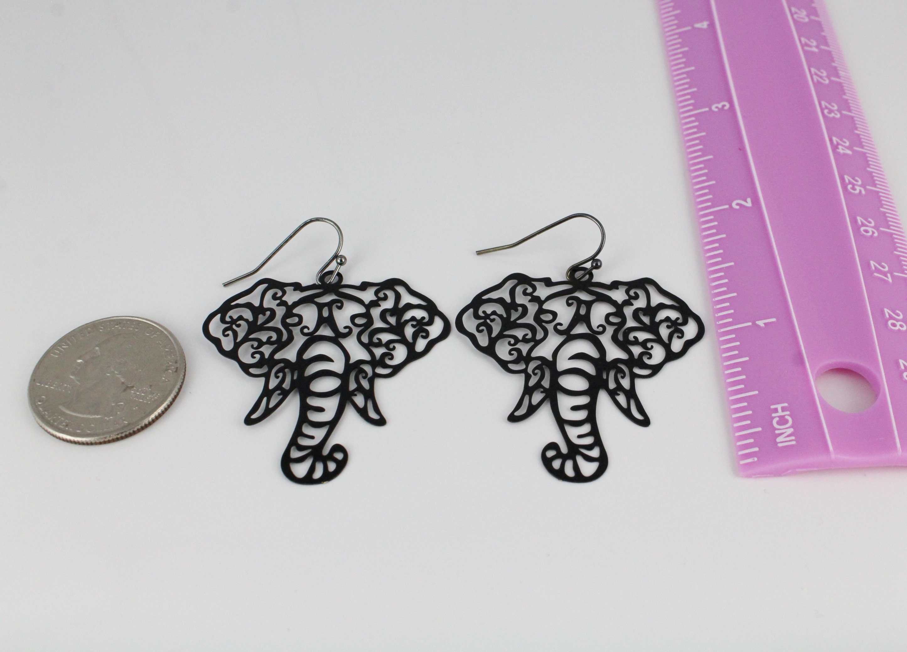 Black Elephant Earrings Lightweight Filigree Trunk Ears | Etsy