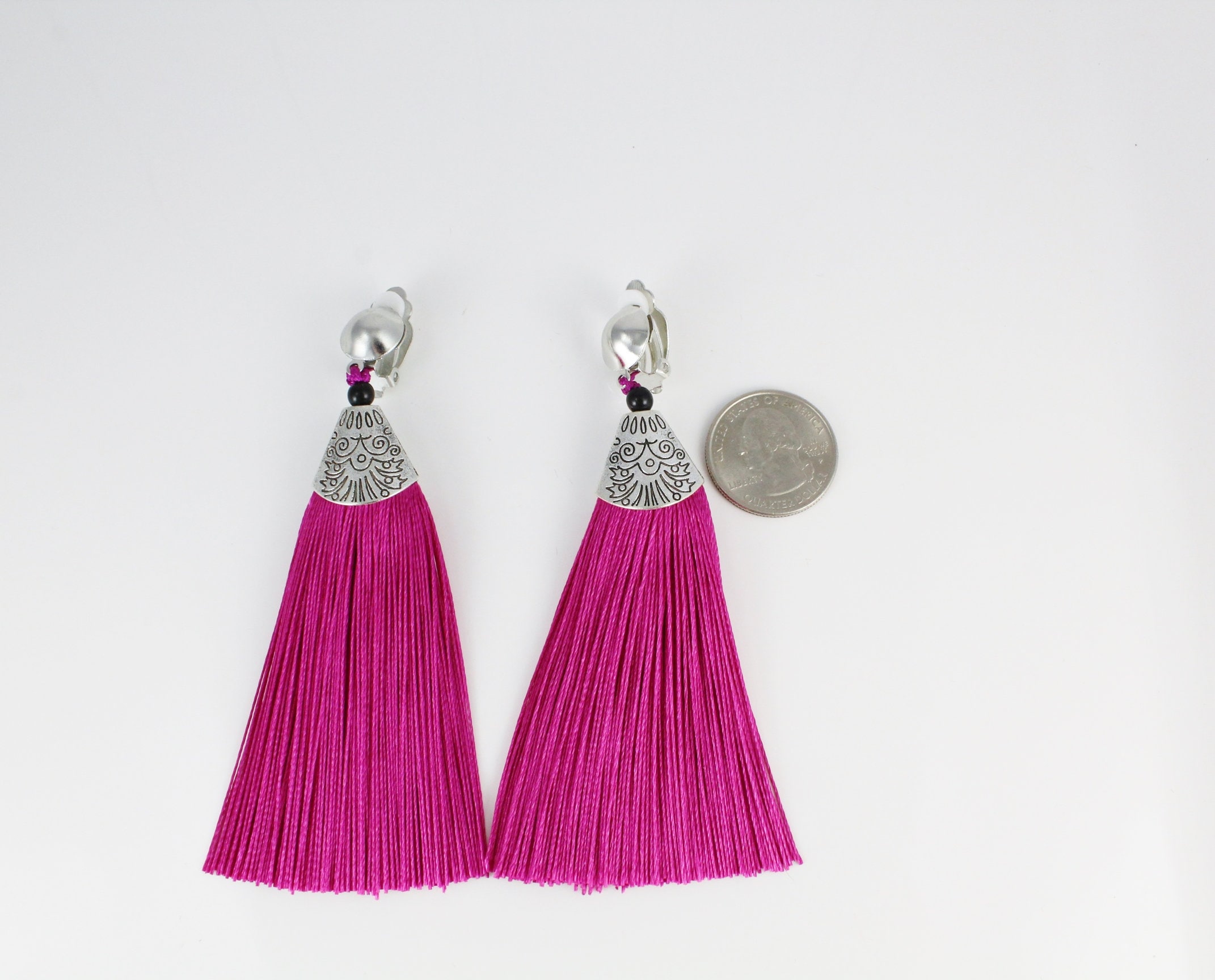 Pink Tassel Clip on Earrings Dangle 4" Long Clip Earrings Thread Fringe ...