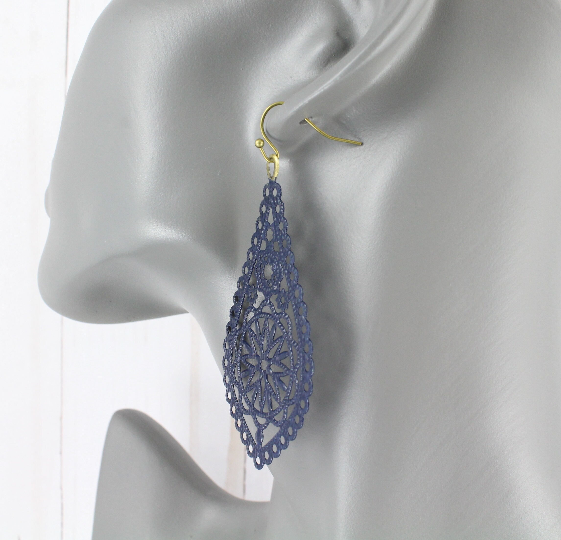 Dark Blue earrings Big teardrop earrings medallion teardrop | Etsy