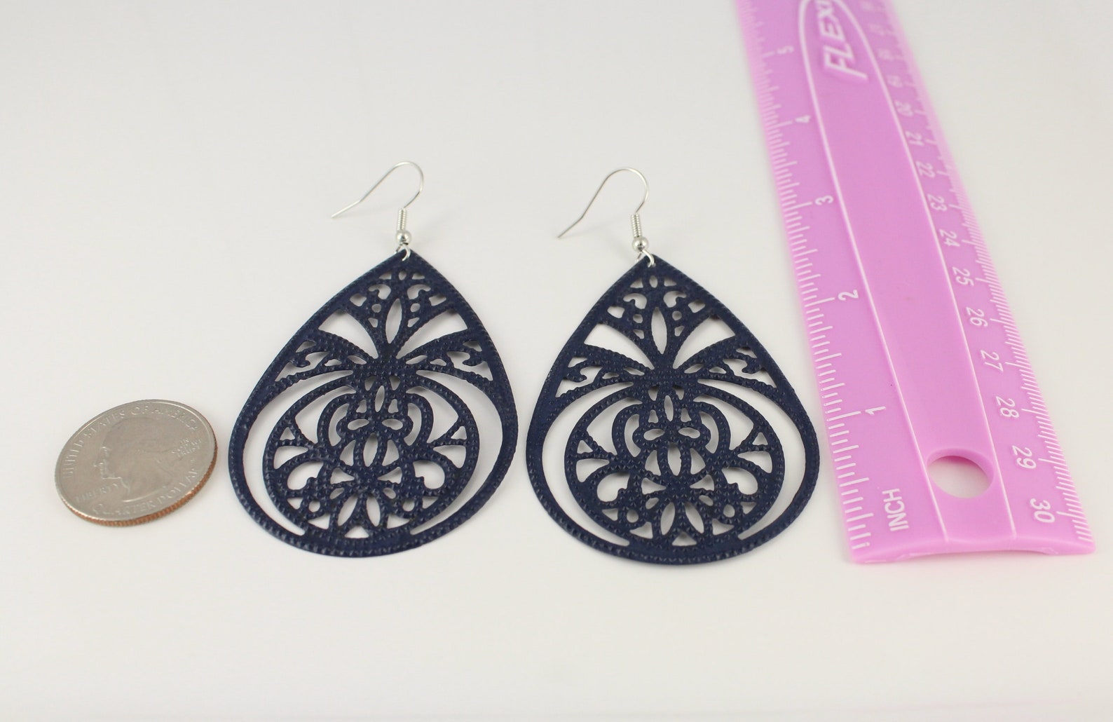 Dark Blue Filigree Earrings Big Medallion Teardrop Oval Filigree Cut ...