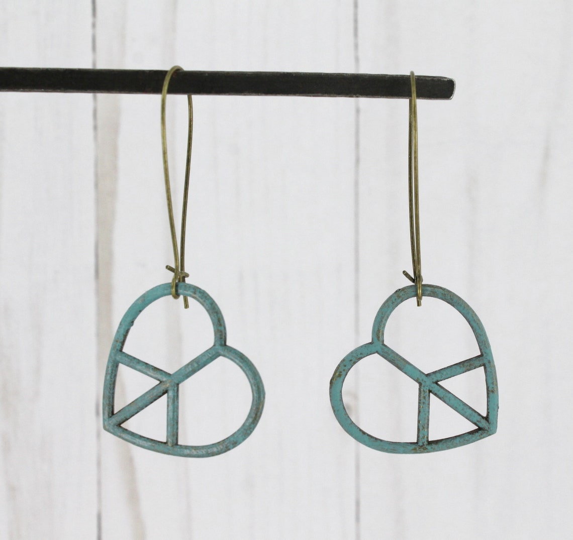 Teal Blue Peace Sign Earrings Heart Peace Symbol Love and Peace Dangle ...