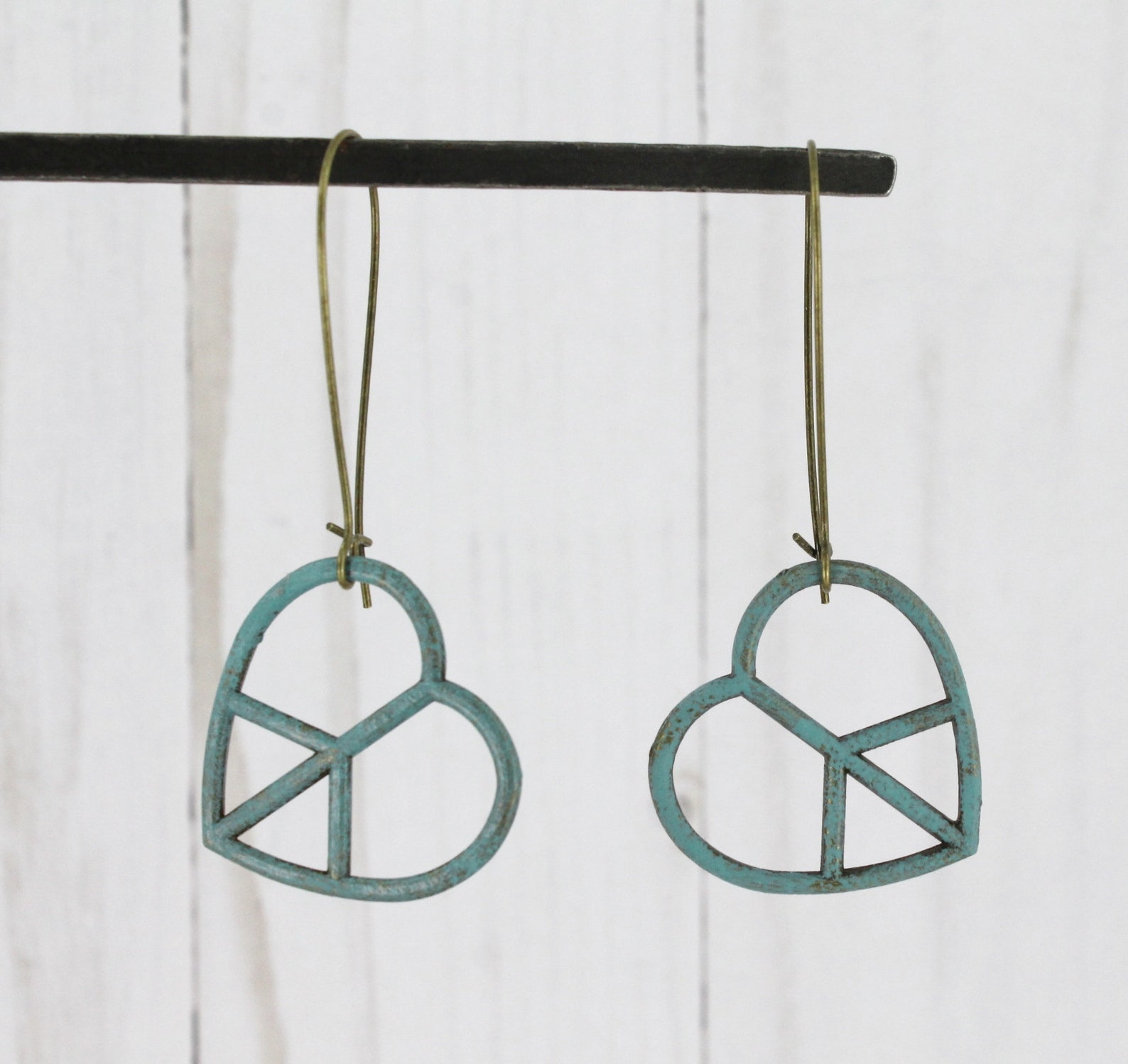 Teal Blue Peace Sign Earrings Heart Peace Symbol Love and Peace Dangle ...