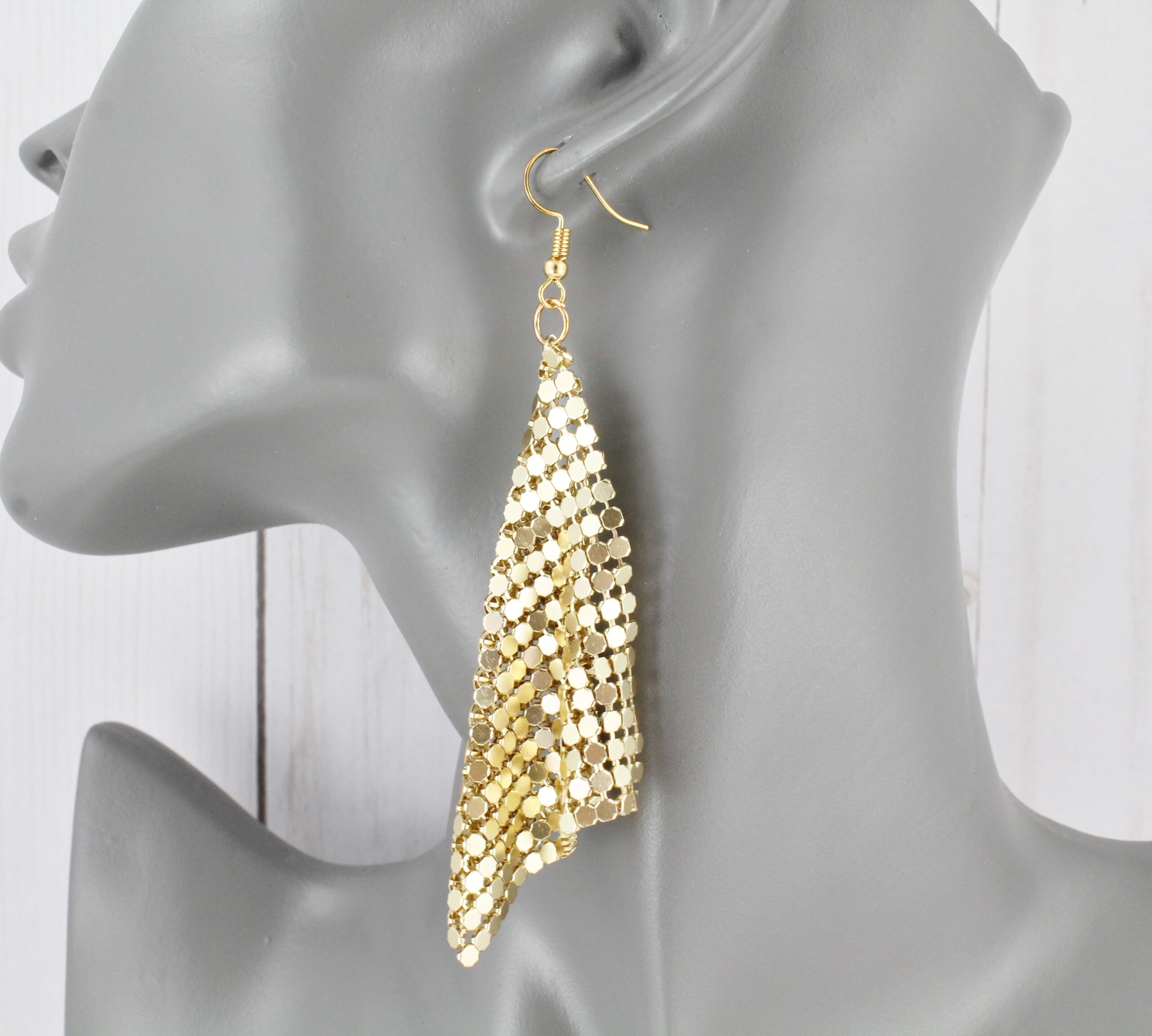 Gold mesh earrings metal dangle dangly flowy lightweight | Etsy