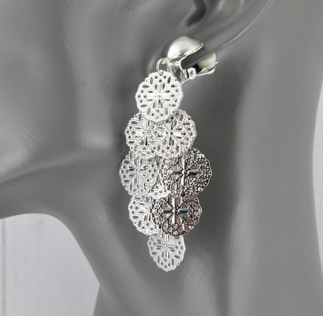 Silver Chandelier Clip on Earrings: Lightweight Filigree Dangle - Etsy