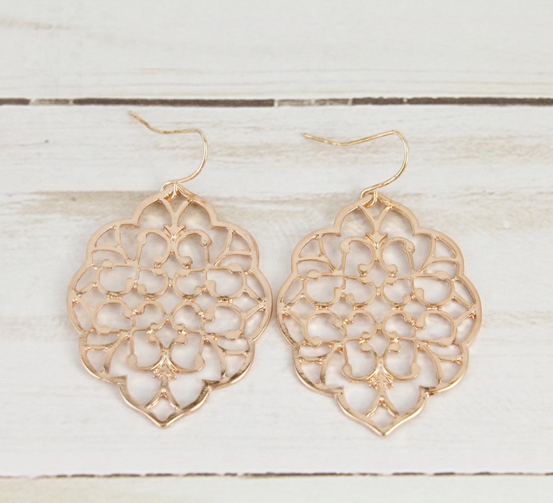 Rose Gold Filigree Earrings Teardrop Boho Chic Moroccan | Etsy