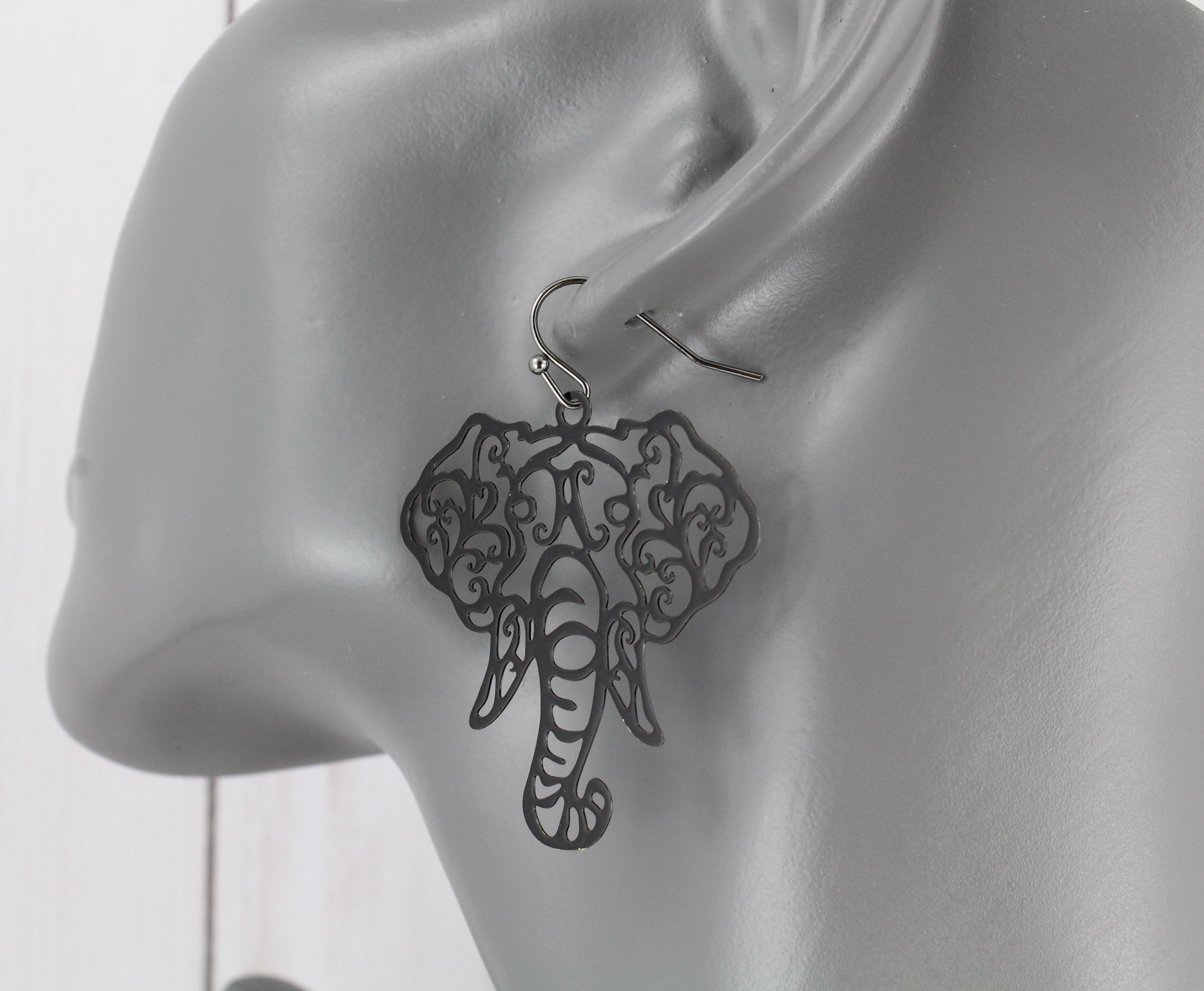 Black Elephant Earrings Lightweight Filigree Trunk Ears | Etsy