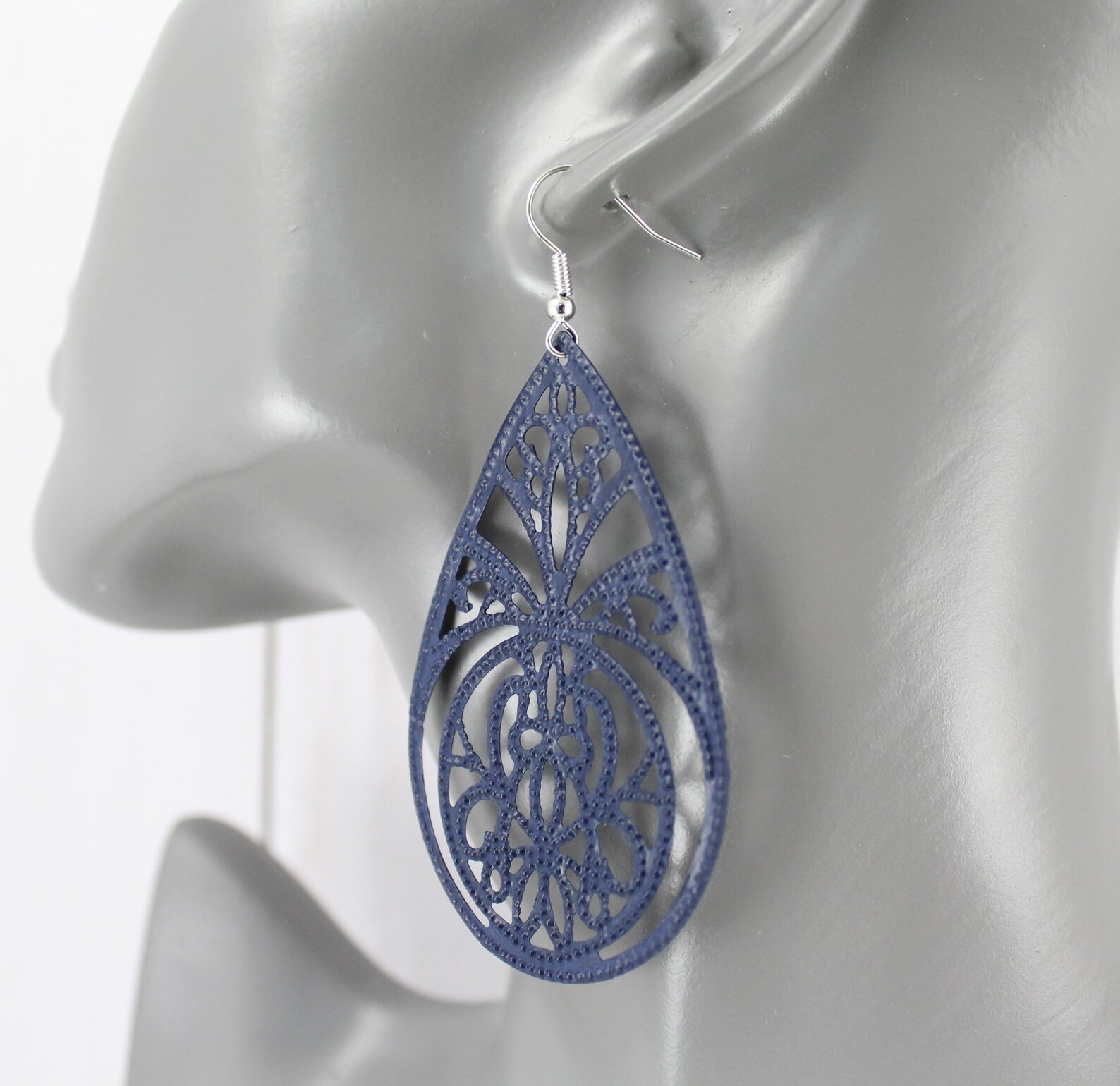 Dark Blue Filigree Earrings Big Medallion Teardrop Oval Filigree Cut ...