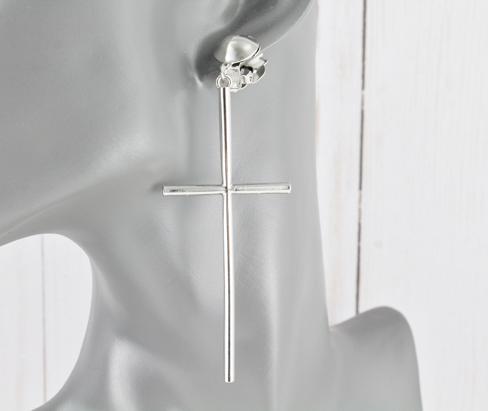 Silver Clip on Earrings Cross Earrings Big Skinny Cross Dangle - Etsy