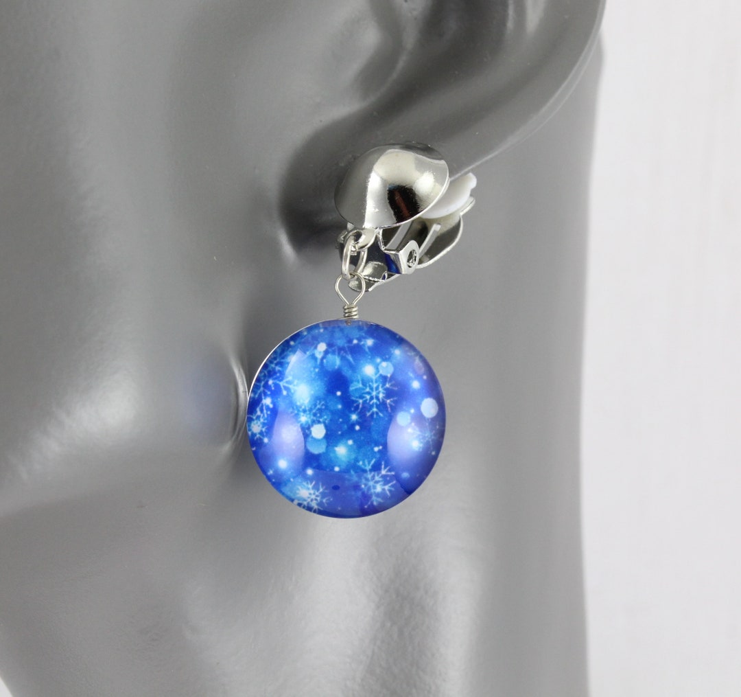 Blue Snowflake Clip on Earrings Silver Ear Clip Non-pierced Clips ...