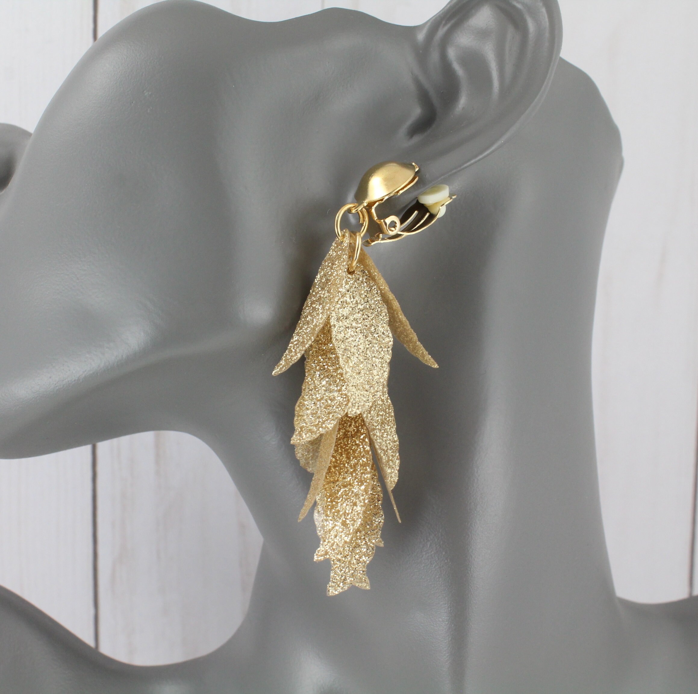 Gold Clip On earrings lightweight feathered paillette sequins | Etsy