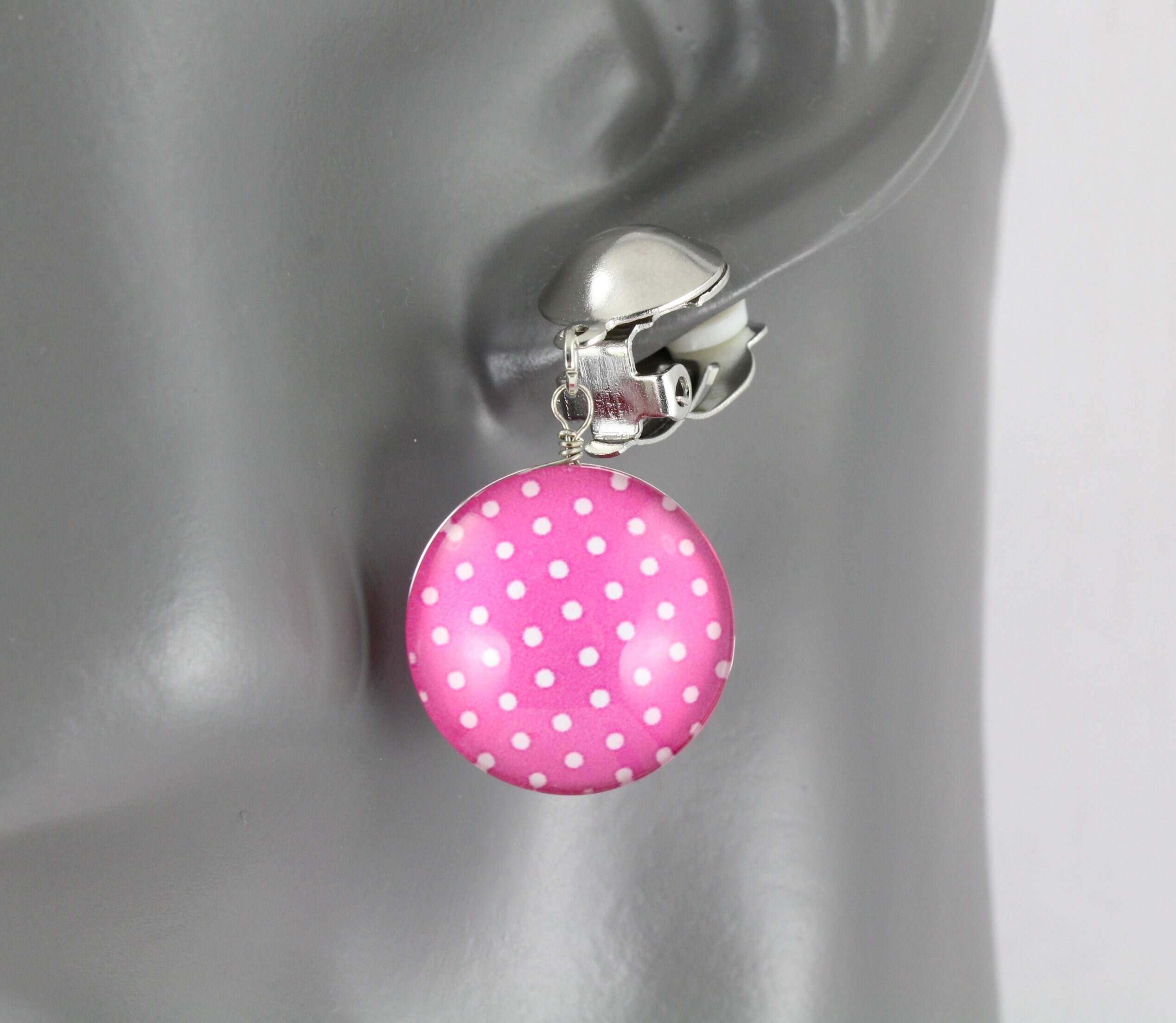 Pink Clip On earrings Silver ear clip Non-pierced Clips polka | Etsy