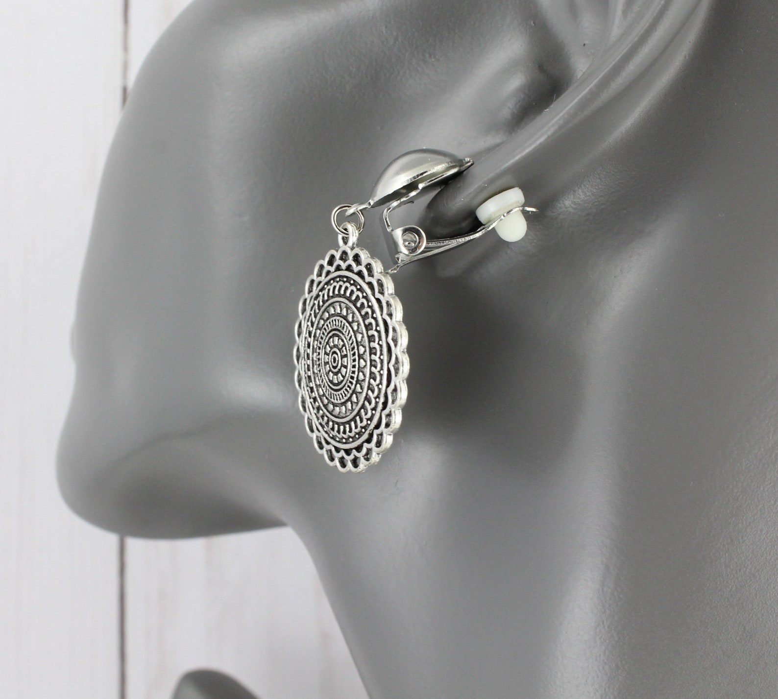 Silver Clip on Earrings Round Stamped Pattern Dangle Clip Earrings ...