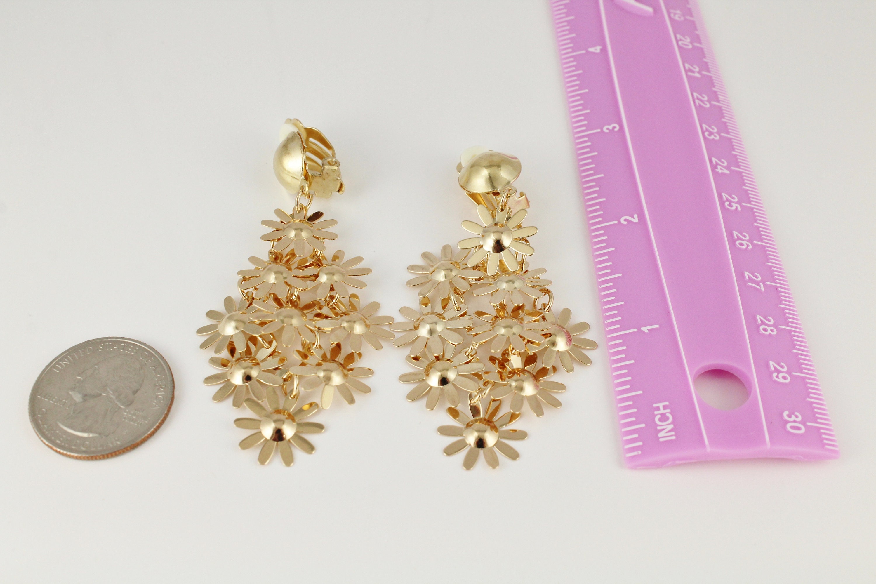 Gold clip on earrings flower chandelier lightweight dangle | Etsy