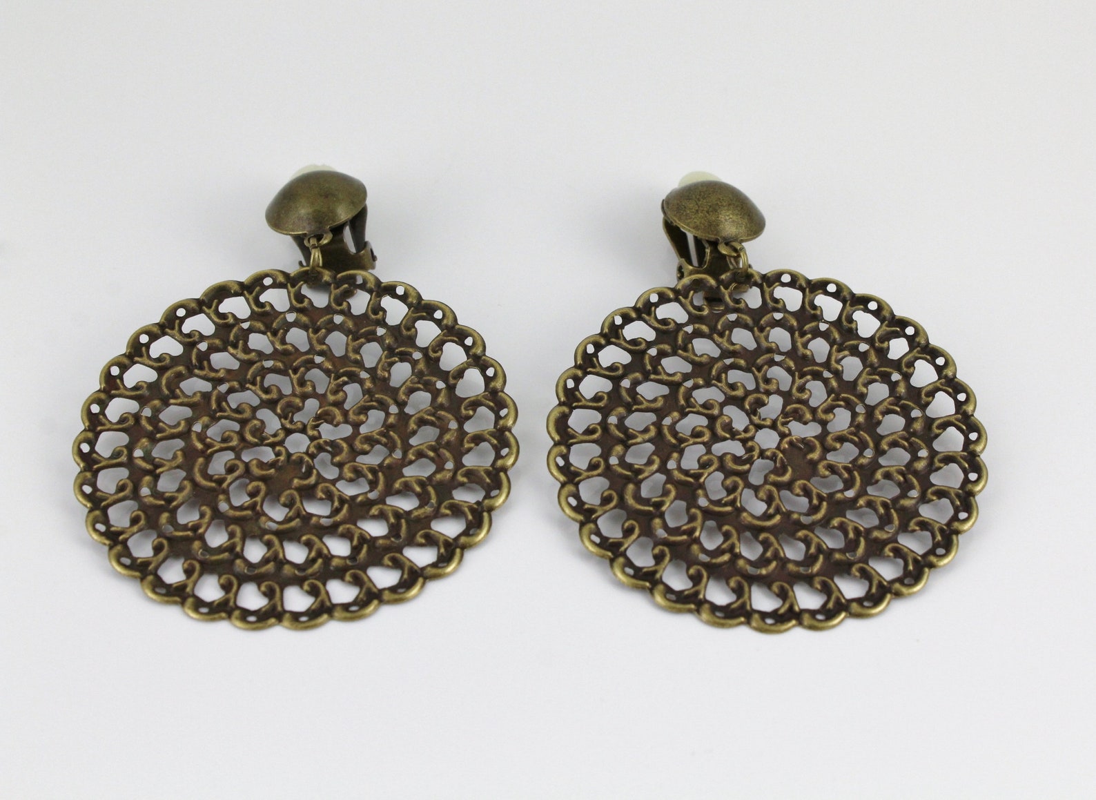 Round Medallion Clip on Earrings Filigree BIG Dangle Bronze - Etsy