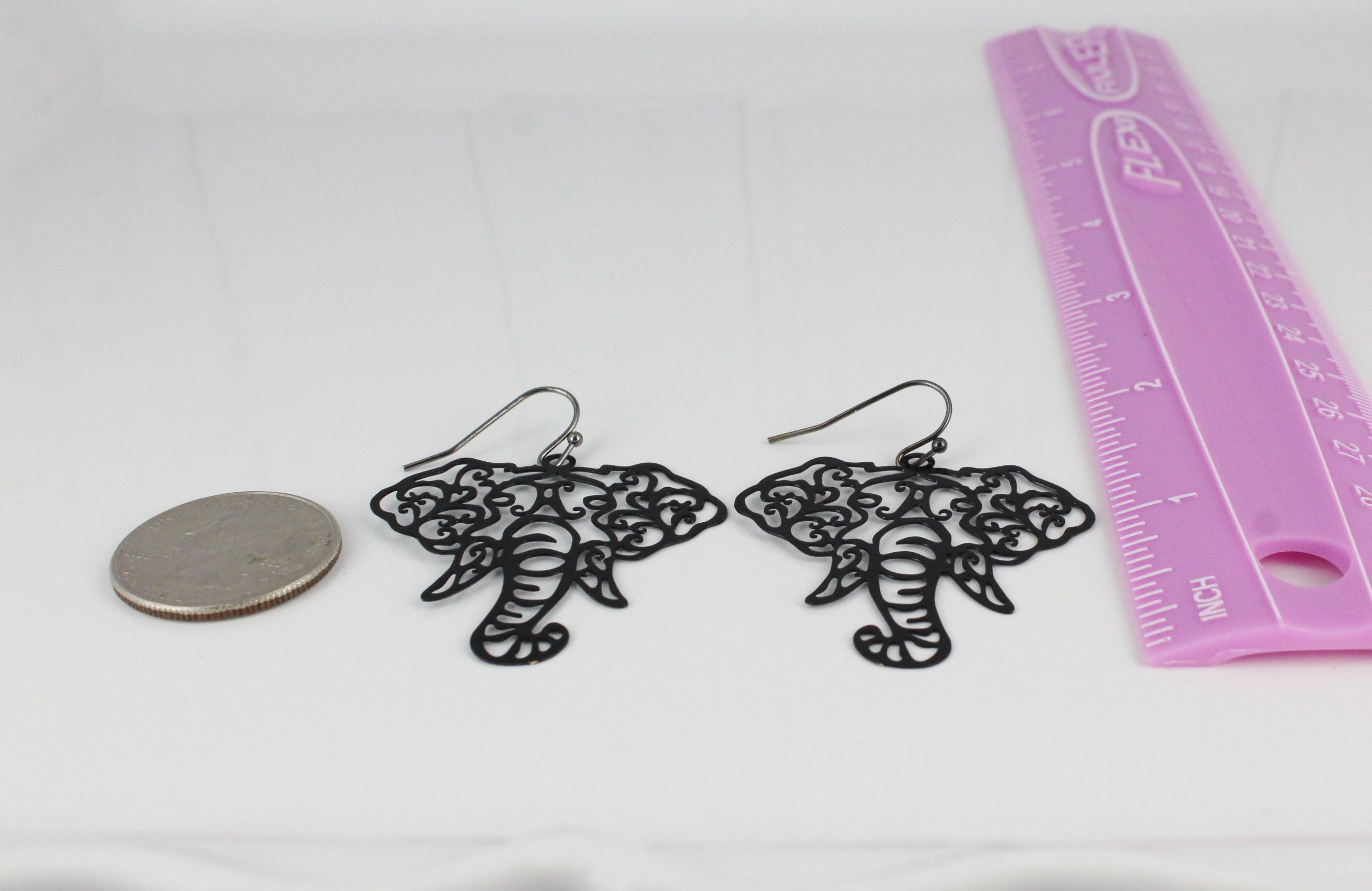 Black Elephant Earrings Lightweight Filigree Trunk Ears | Etsy