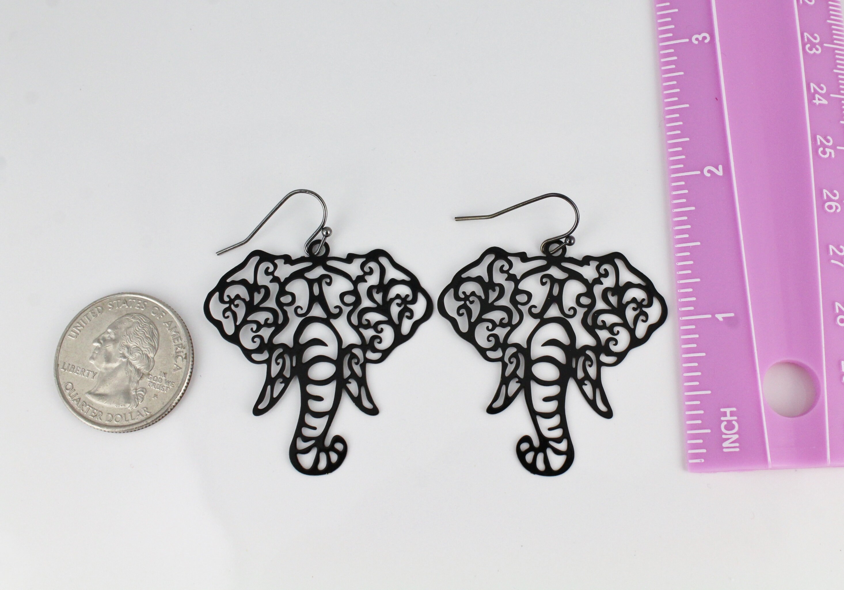Black Elephant Earrings Lightweight Filigree Trunk Ears | Etsy