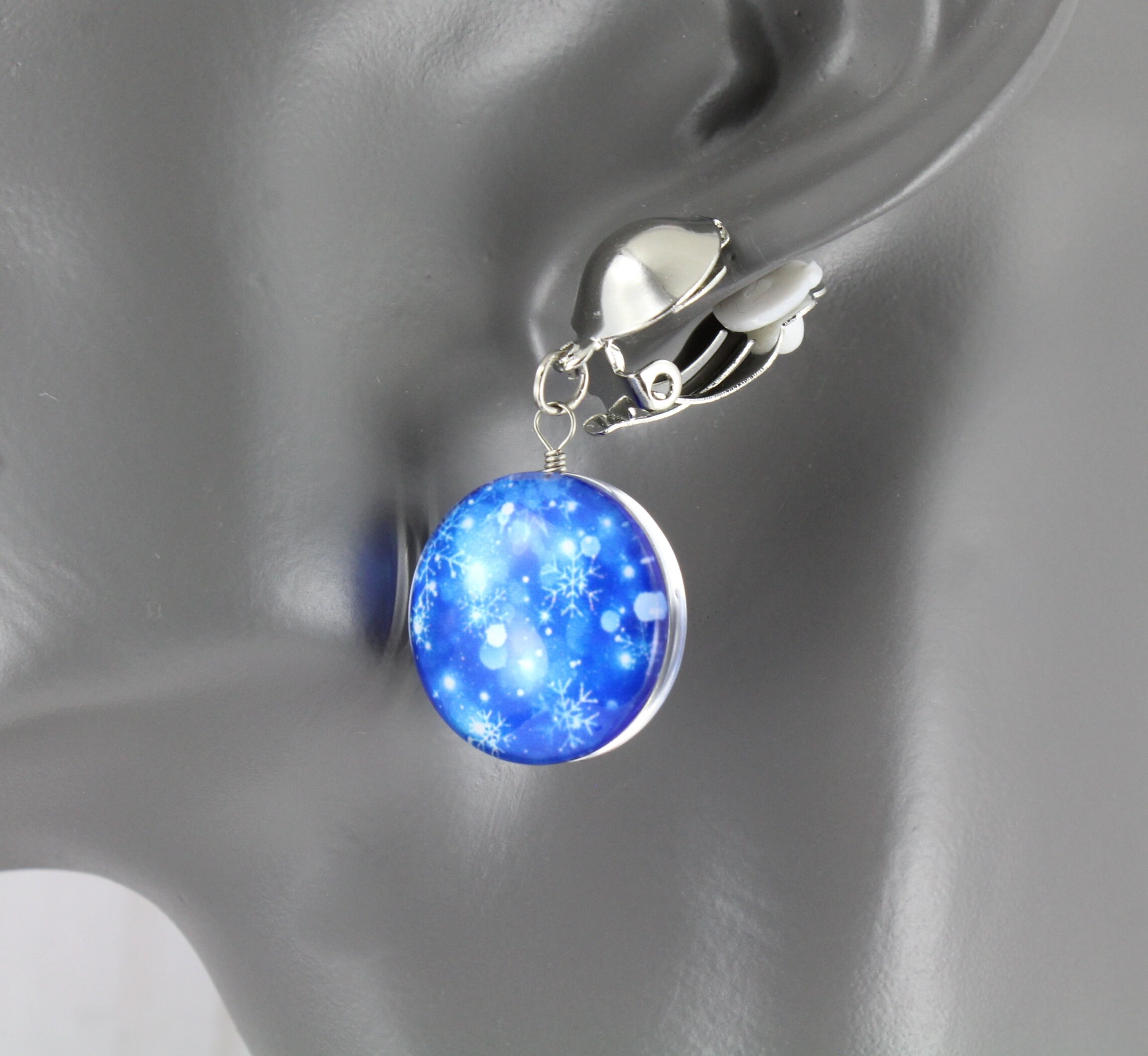 Blue Snowflake Clip on Earrings Silver Ear Clip Non-pierced Clips ...