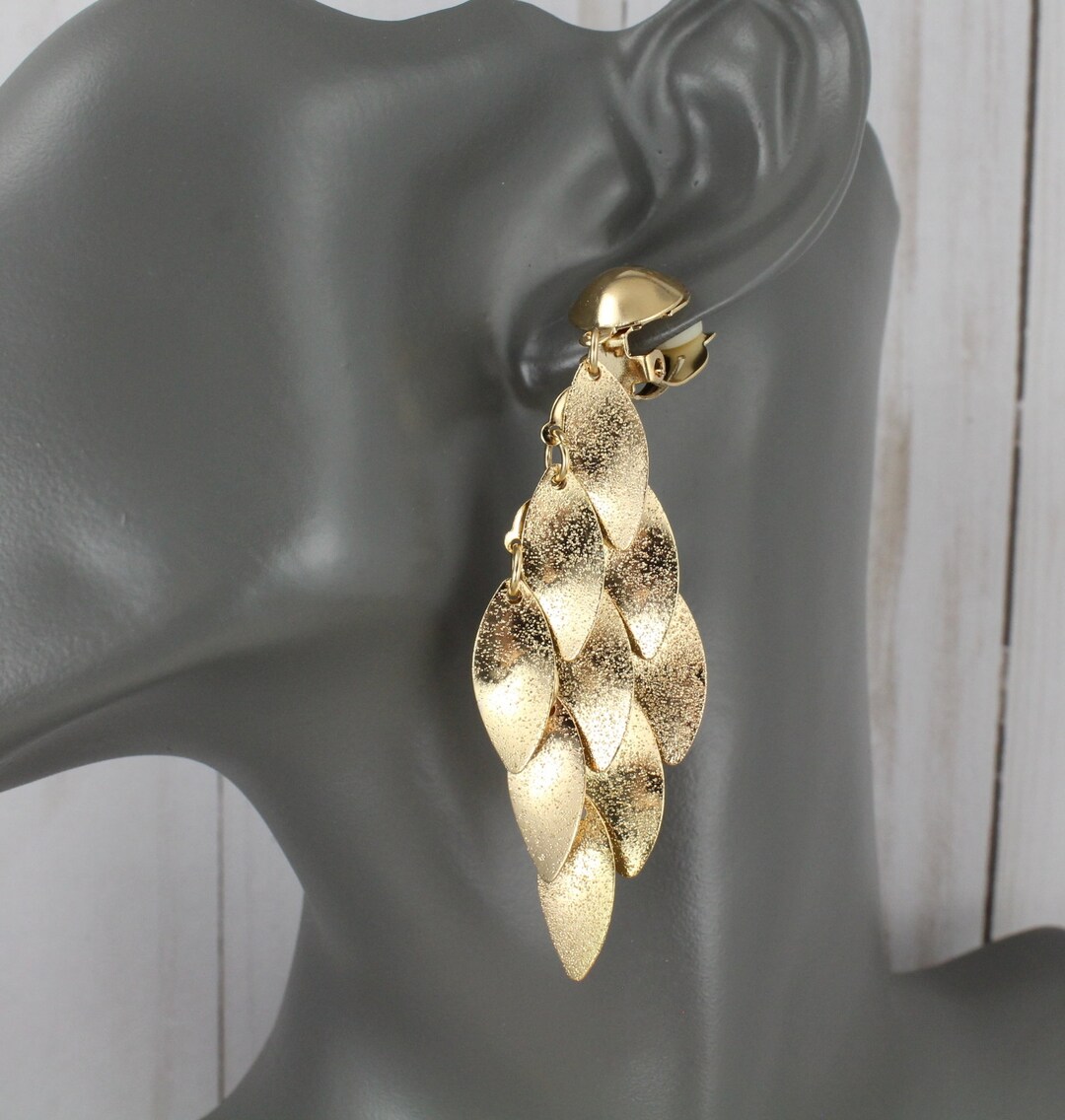 Gold Clip on Earrings Chandelier Lightweight Dangle Clips Filigree ...