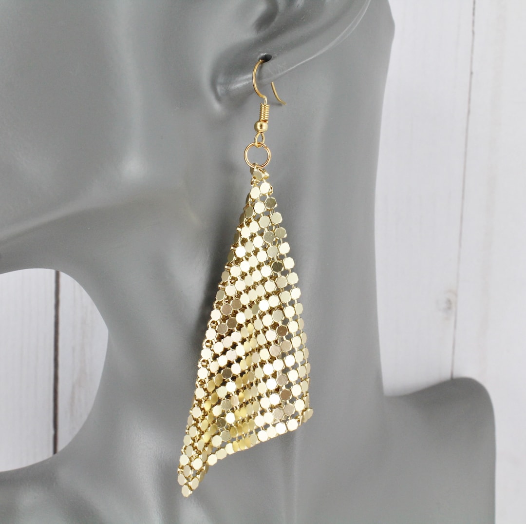Gold Mesh Earrings Metal Dangle Dangly Flowy Lightweight 4" Long Wiggly ...