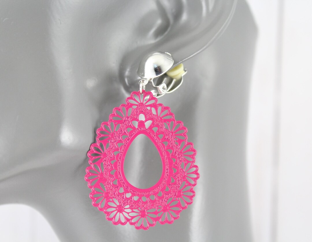 Pink Clip on Earrings Filigree Teardrop Dangle Clip Earrings Medallion ...