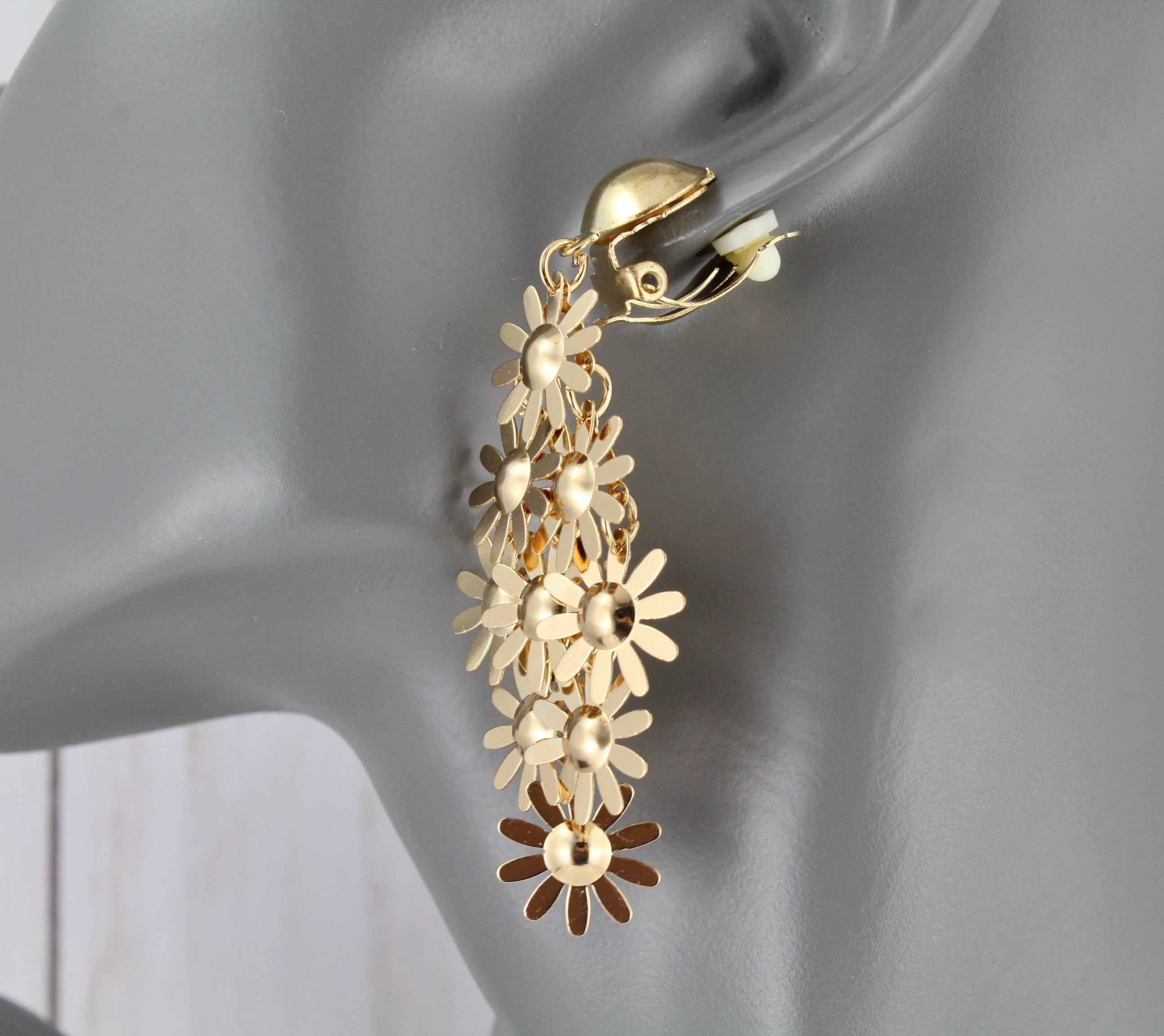 Gold clip on earrings flower chandelier lightweight dangle | Etsy