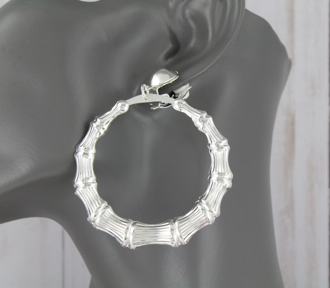 Silver Clip on Earrings Bamboo Hoops Hollow Textured Pendant Clips ...