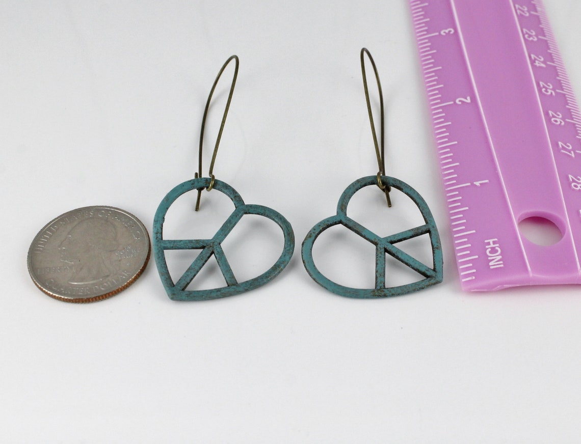 Teal Blue Peace Sign Earrings Heart Peace Symbol Love and Peace Dangle ...