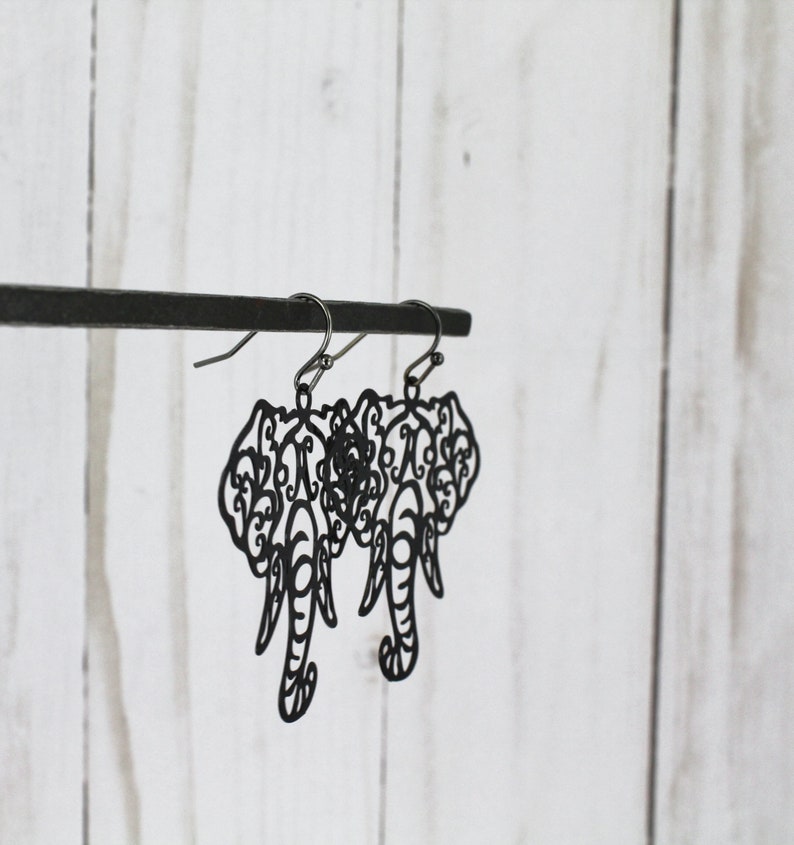Black Elephant Earrings Lightweight Filigree Trunk Ears - Etsy
