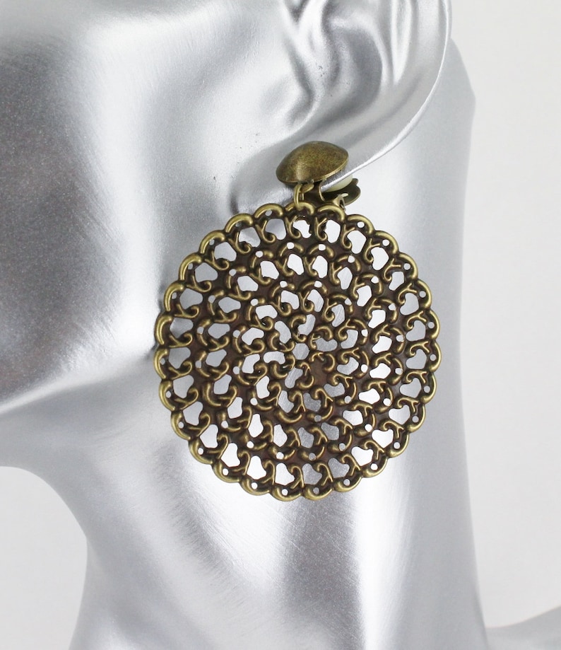 Round Medallion Clip on Earrings Filigree BIG Dangle Bronze - Etsy