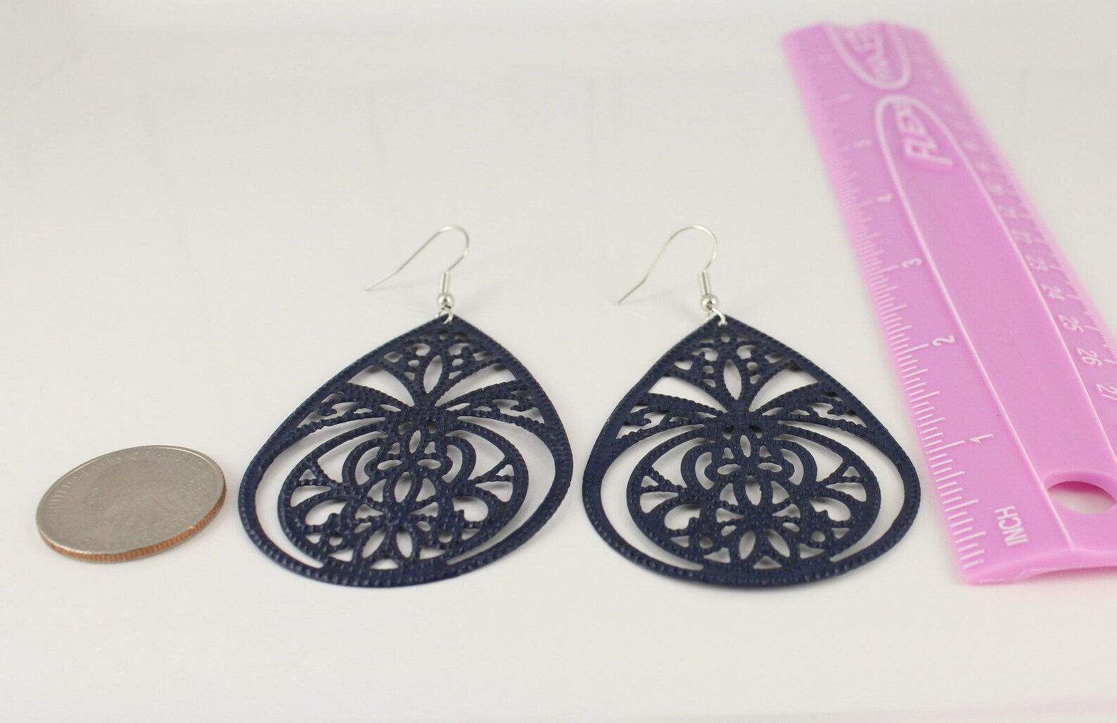 Dark Blue Filigree Earrings Big Medallion Teardrop Oval Filigree Cut ...